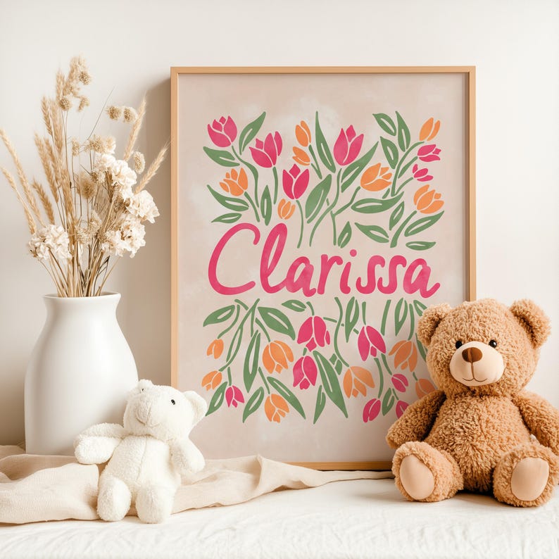 Customizable Tulip Name Art Print, Personalized Floral Nursery Decor ...