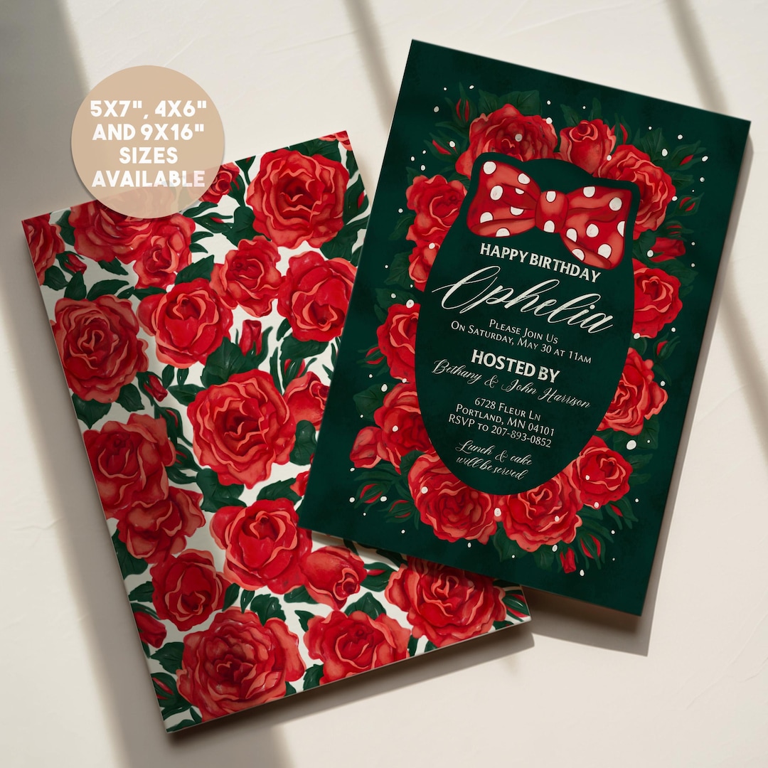 Moody Rose Birthday Invitation, Red Floral Party Invite With Matching ...