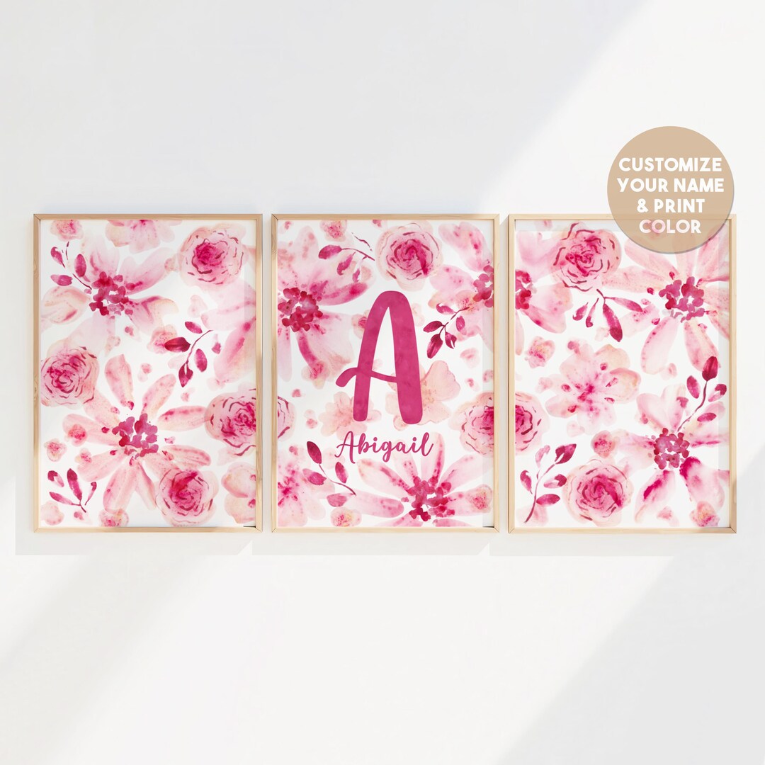 Watercolor Floral Name Digital Art, Set of 3 Custom Initial Prints ...