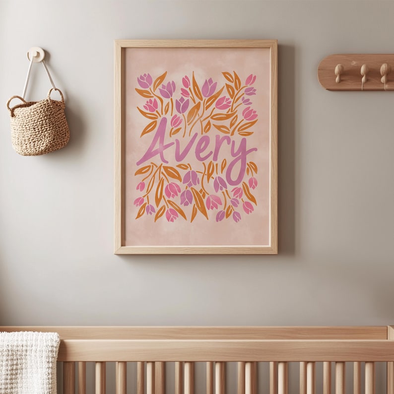 Customizable Tulip Name Art Print, Personalized Floral Nursery Decor ...