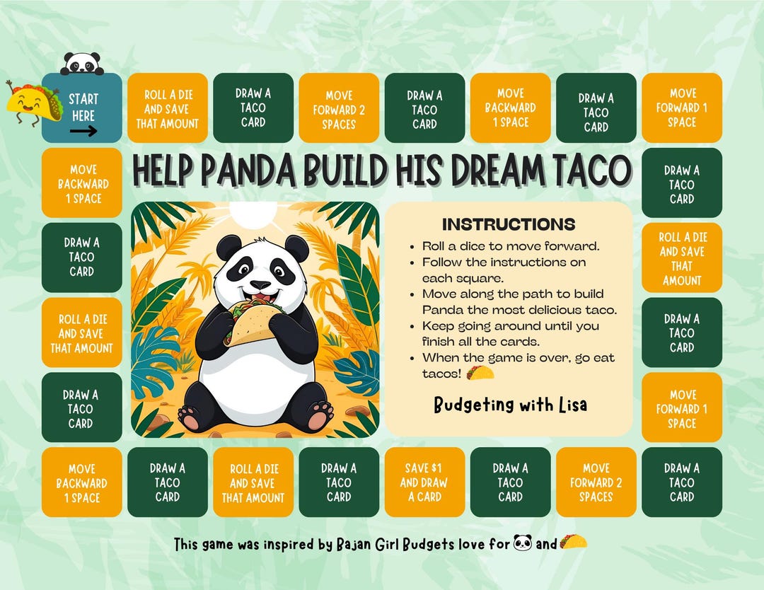 Panda Taco Savings Board Game | A5/A6 Dashboard | 24 Playing Cards ...