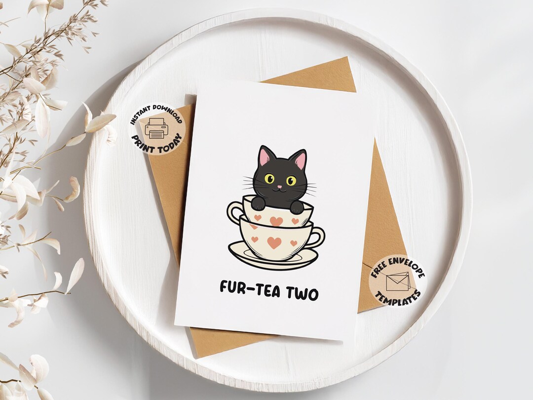 32nd Birthday Card | Fur-tea Two Cat Pun Printable Funny Milestone Card ...