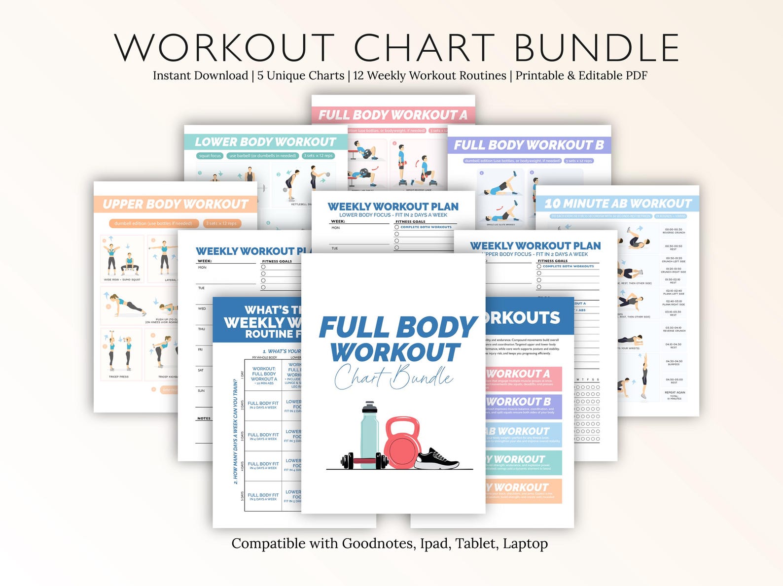 Workout Chart Bundle | Printable Gym Diagrams | Interactive Dumbbell ...
