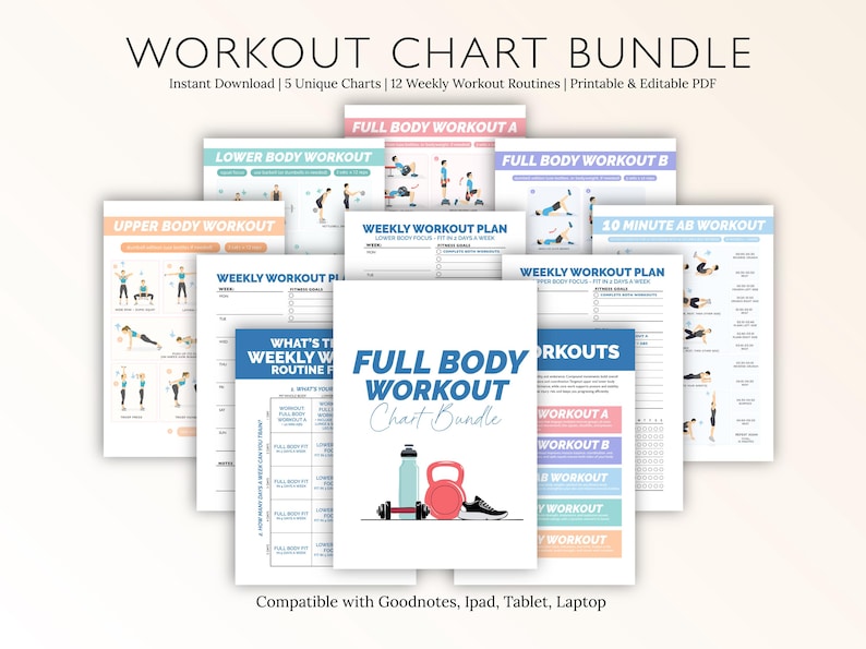Workout Chart Bundle | Printable Gym Diagrams | Interactive Dumbbell ...