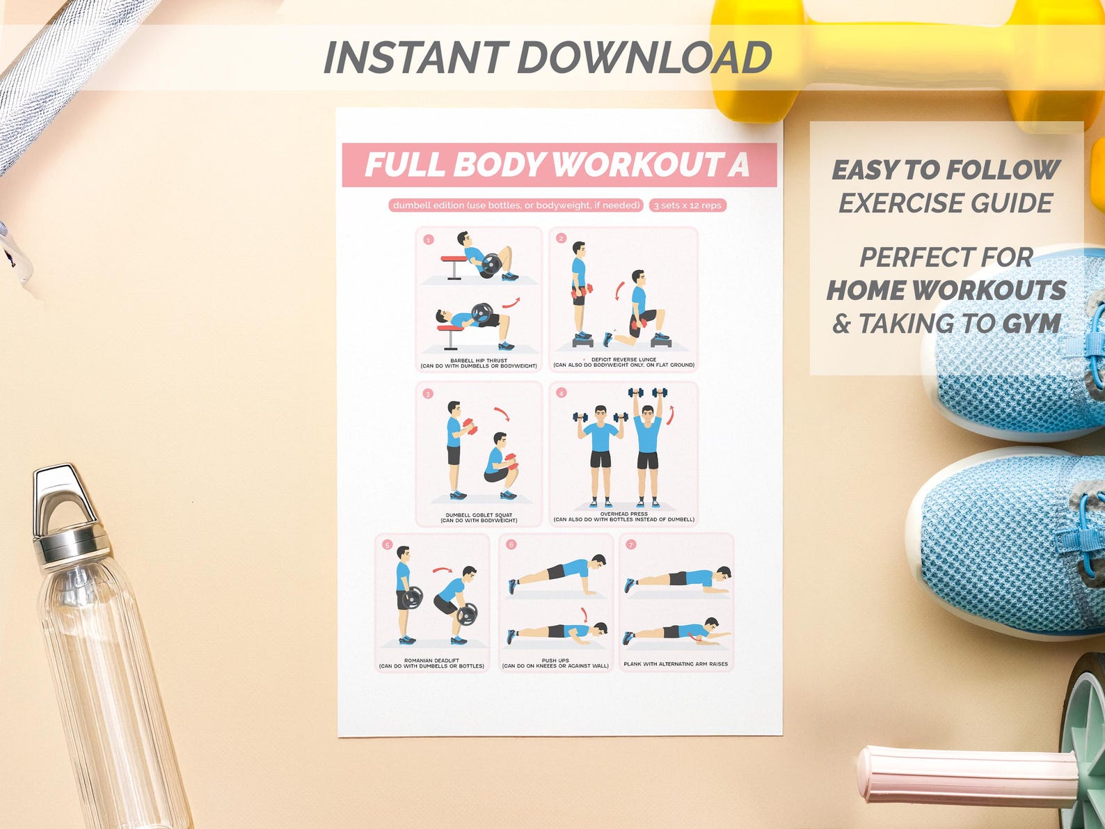 Full Body Workout Chart | Printable Dumbbell Only or Bodyweight ...