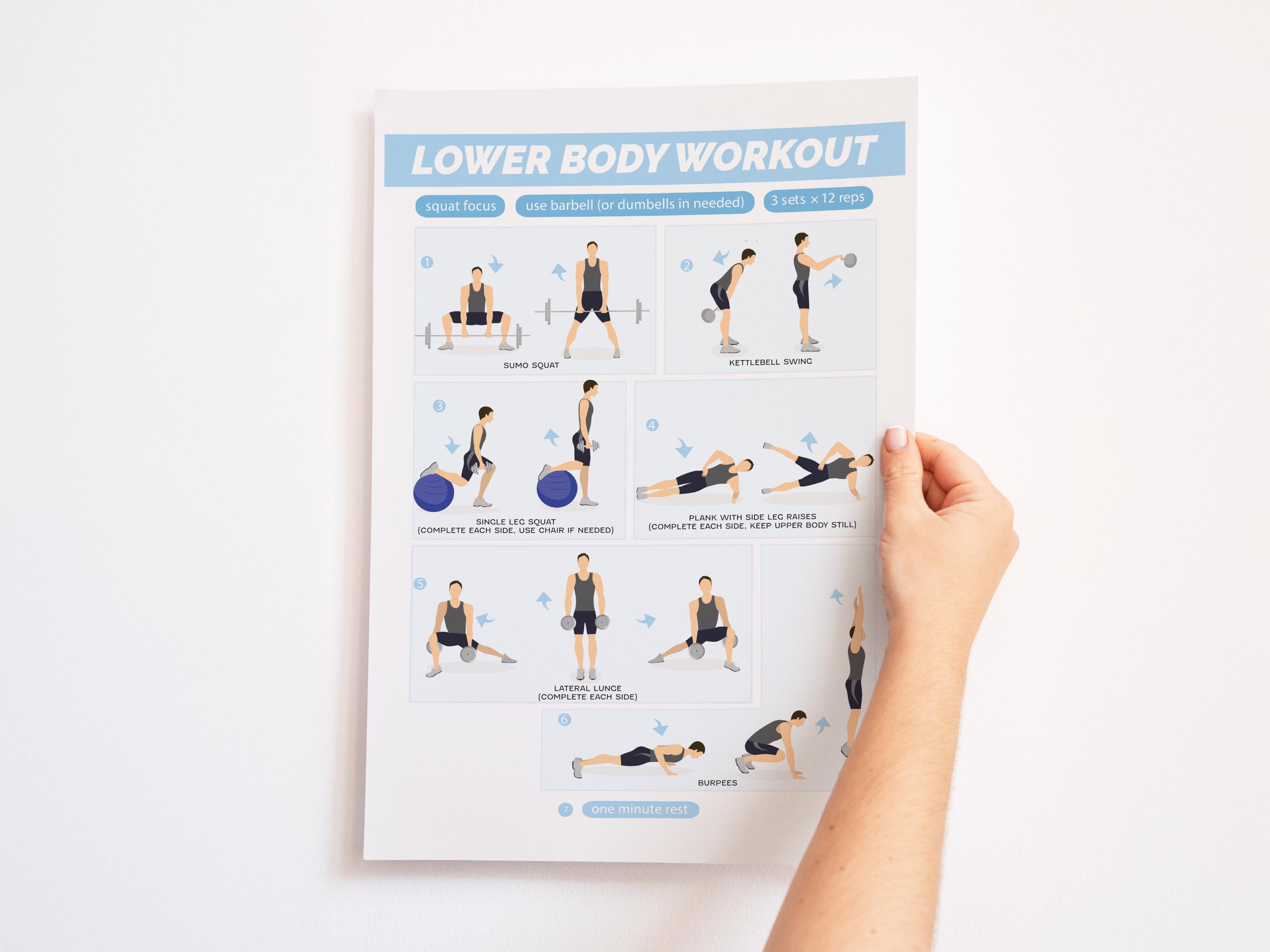 Lower Body Workout Chart | Printable Dumbbell Only or Bodyweight ...
