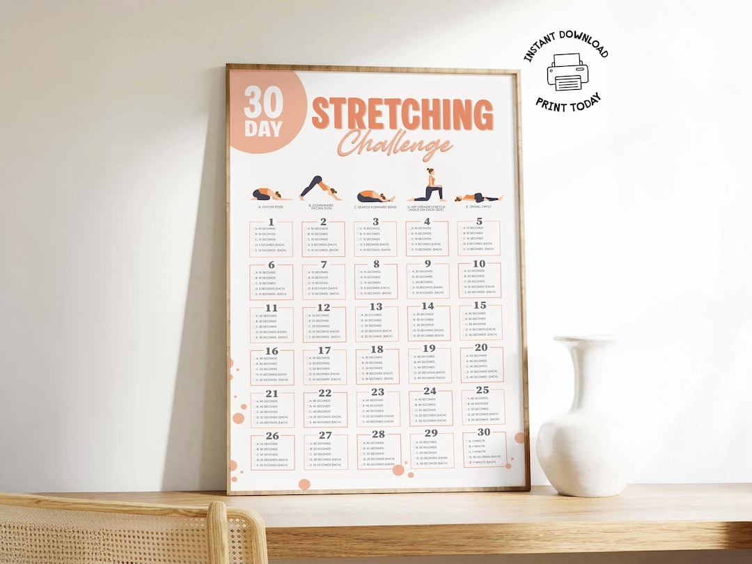 30 Day Stretching Challenge, Printable Beginner Yoga Plan, Calm Stress ...