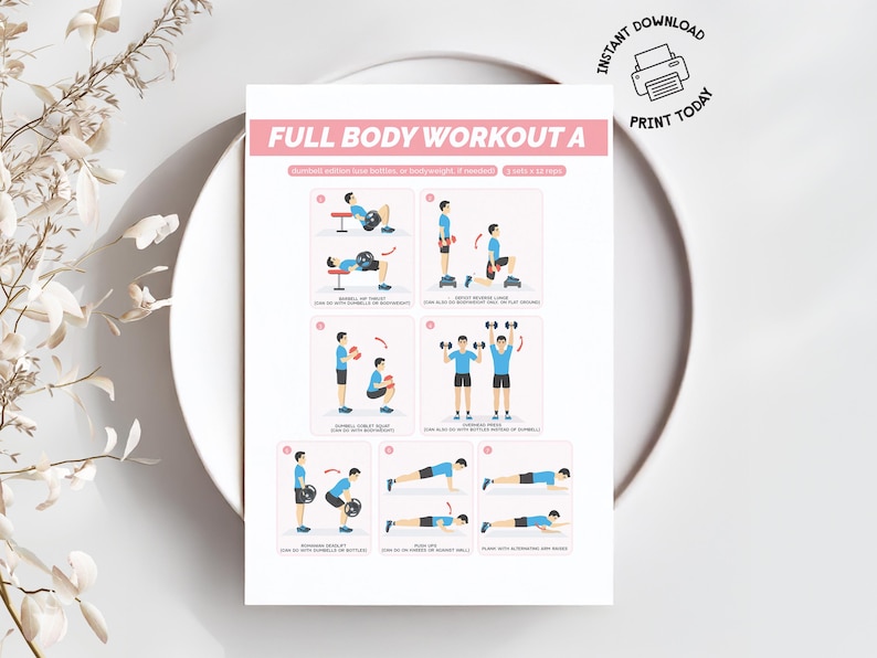 Full Body Workout Chart | Printable Dumbbell Only or Bodyweight ...