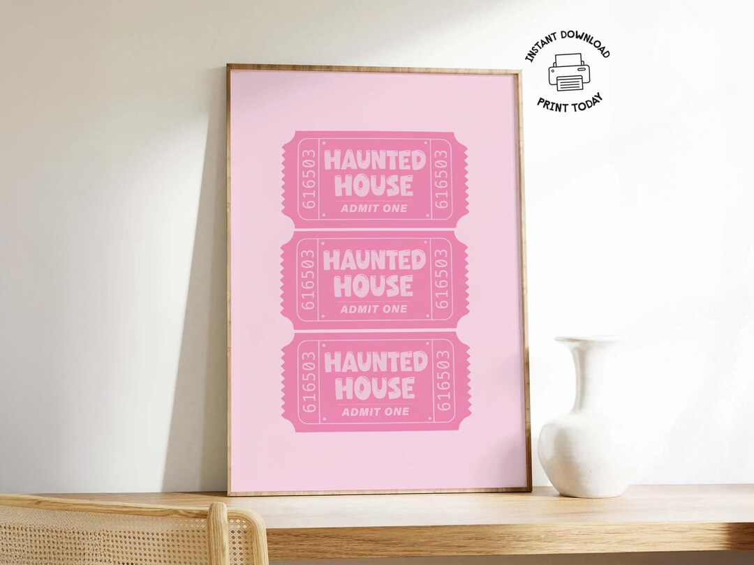 Pink Halloween Poster | Printable Retro Haunted House Tix Wall Art ...
