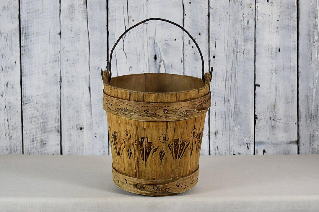 Antique Wooden Bucket / Primitive Vintage Wood Barrel / Rustic Grain ...