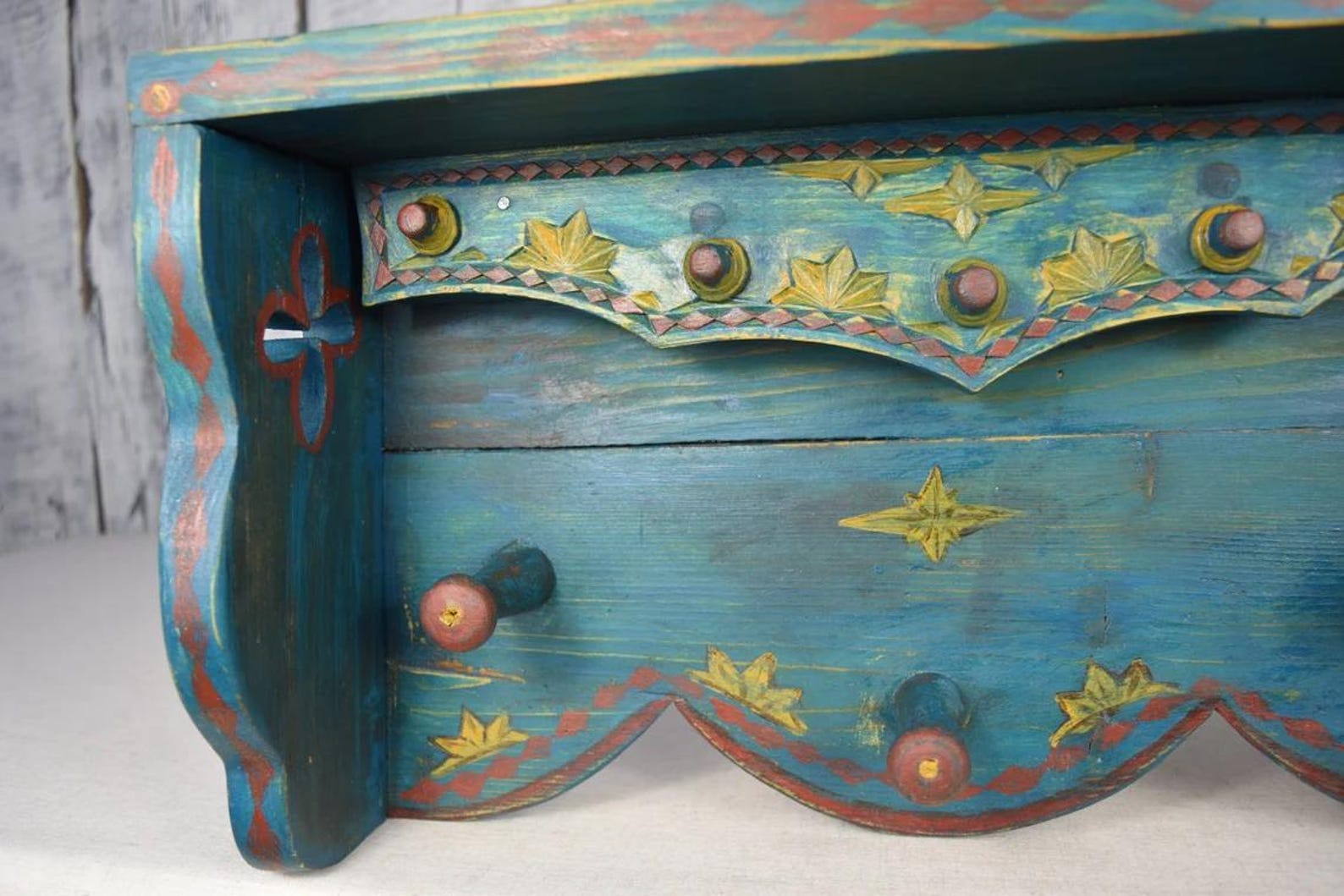 Vintage Wall Shelf / Wood Shelf With Hooks / Floating Coat Rack ...