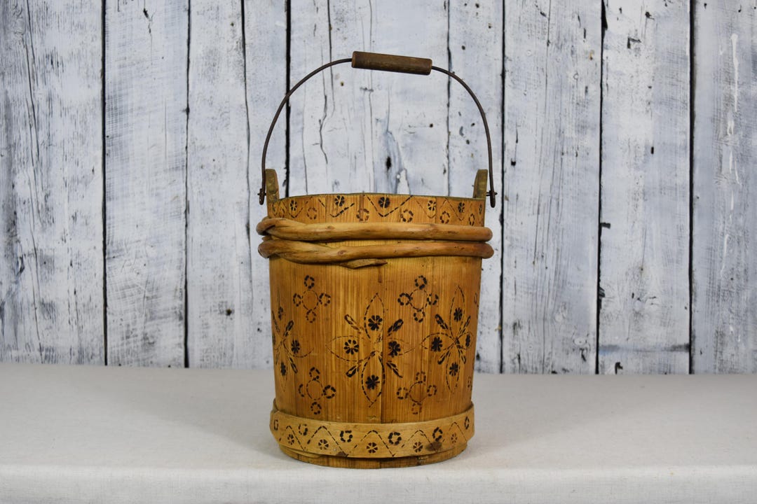 Antique Wooden Bucket / Primitive Vintage Wood Barrel / Rustic Grain ...