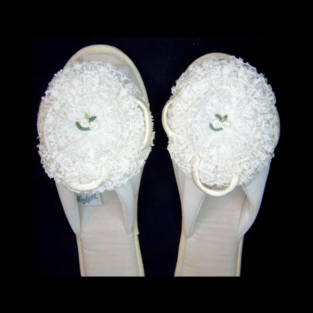 7 to 8 - Frilly White Lace Slippers, Nylon Chiffon & Satin, 1950s 1960s ...