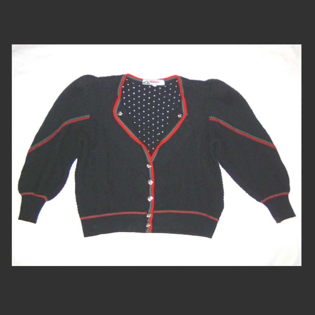 L/XL - Wool Tyrolean Cardigan - Puff Sleeves, Floral Enamelled Buttons ...