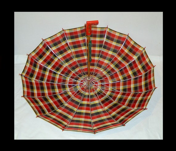 1940s plaid umbrella - check satin autumnal fabric - … - Gem