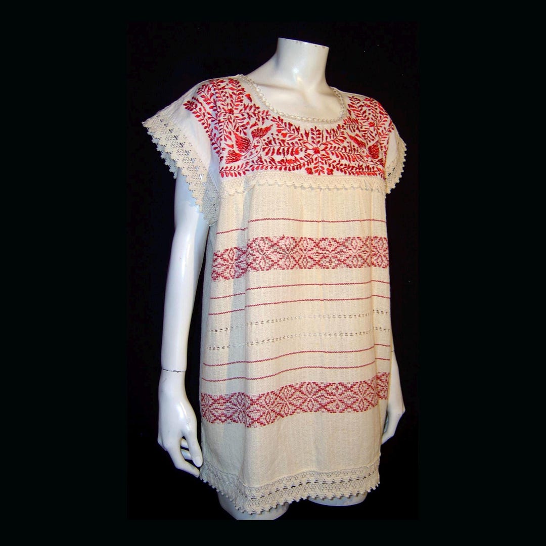 Large XL - Embroidered Hemp Tunic - Vintage Mexican Blouse With ...