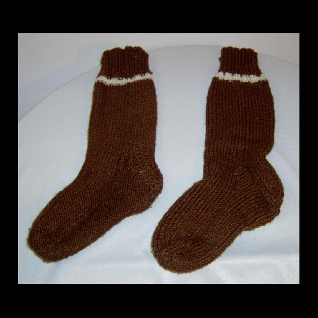 Dark Chocolate Brown Wool Socks - Hand Knit With White Stripe - Shoe ...