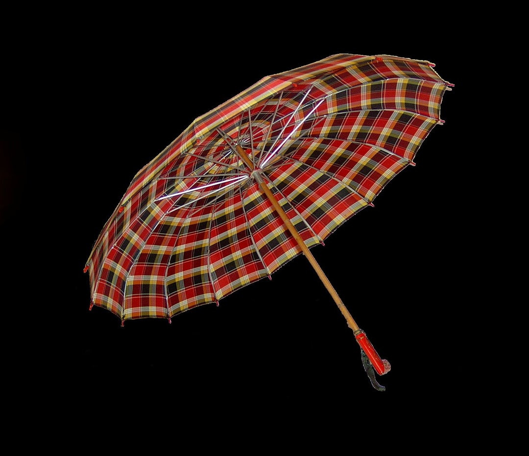 1940s Plaid Umbrella Check Satin Autumnal Fabric Wood Rod and Bakelite ...