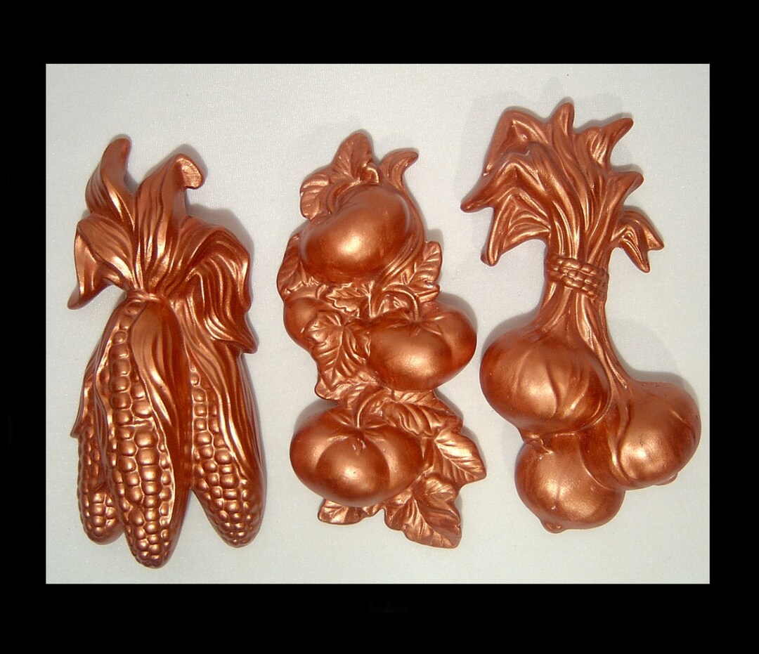 Set of 3 Copper Chalkware Vegetable Wall Plaques Gilt Art Hangings ...