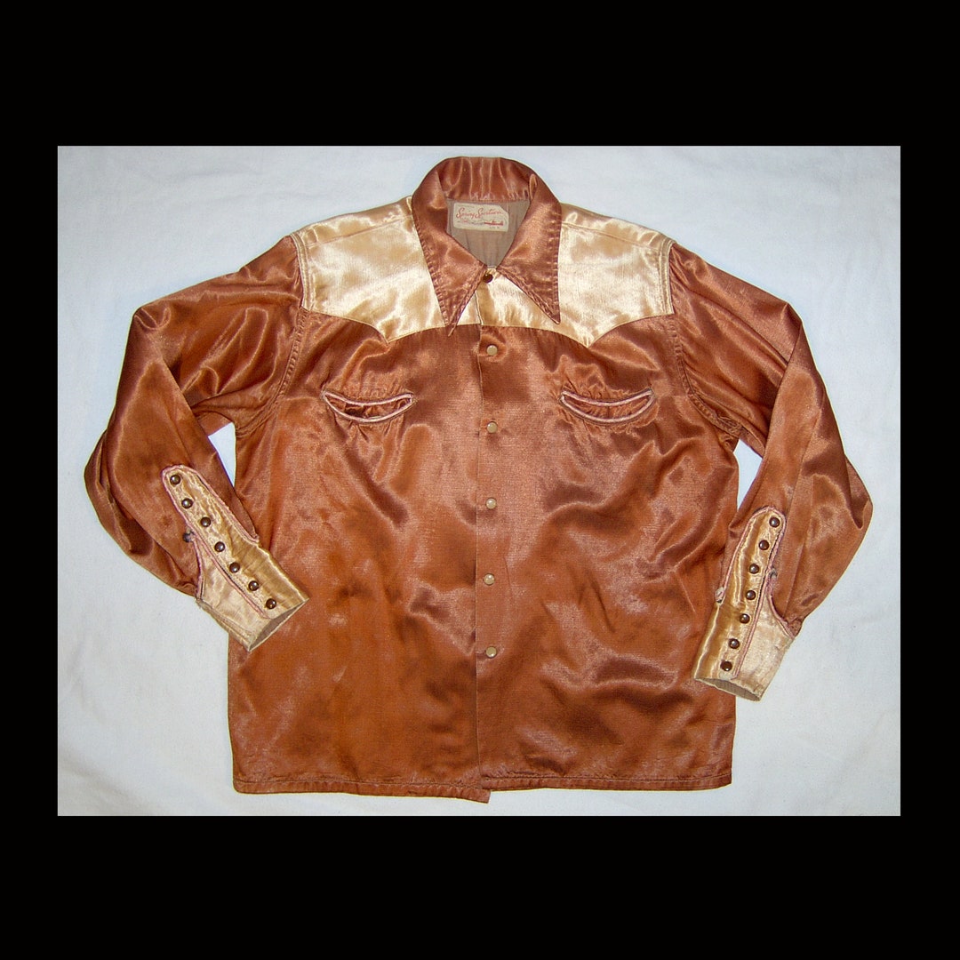 M - Copper Rayon Satin Western Shirt, Dagger Collar, Smiley Pockets - Etsy