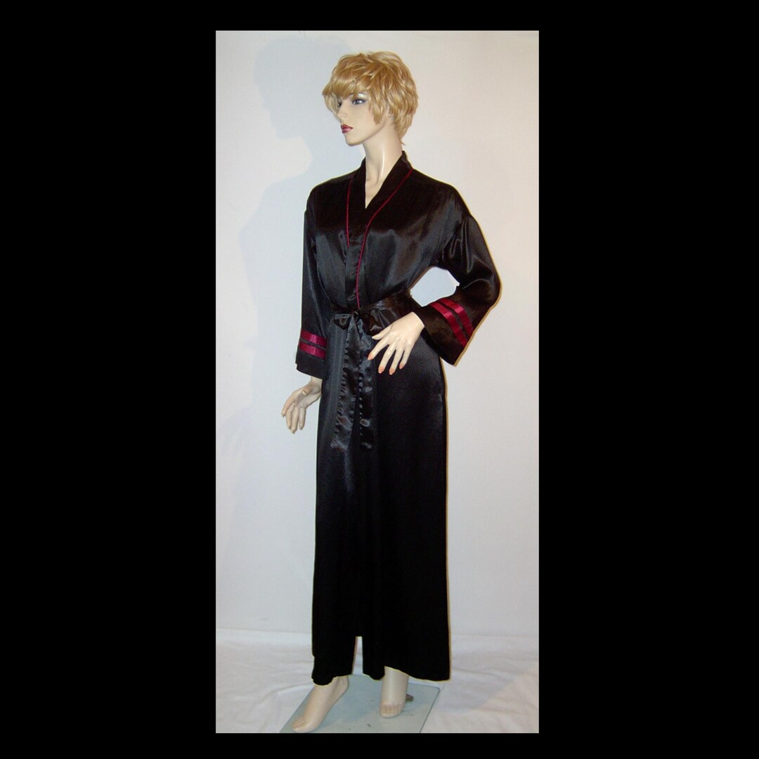 Small Jet Black Satin Robe Slippery Liquid W Maroon Stripes 1970s Tall ...
