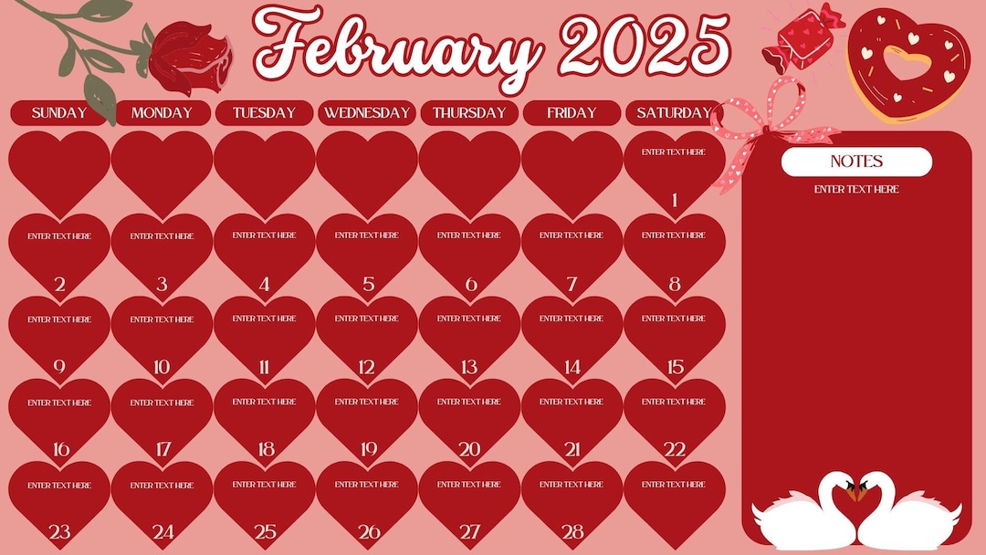 EDITABLE February 2025 Calendar, Happy Valentine's Day, Cute Planner ...