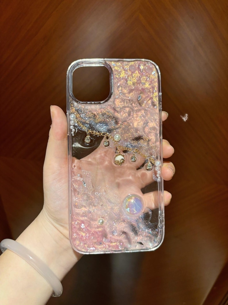 Handmade Resin Phone Case With Iridescent Glitter, Pearl Accents, and ...