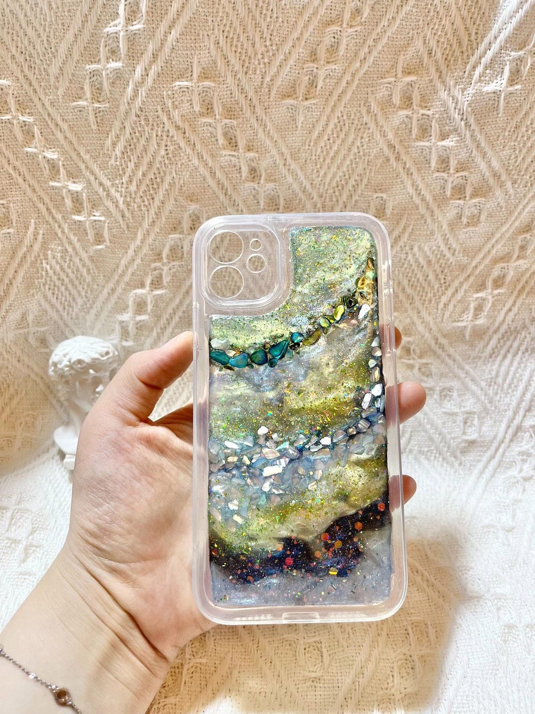 Textured Crushed Shell Resin Phone Case, Handmade Ocean Geode Art, Gold ...