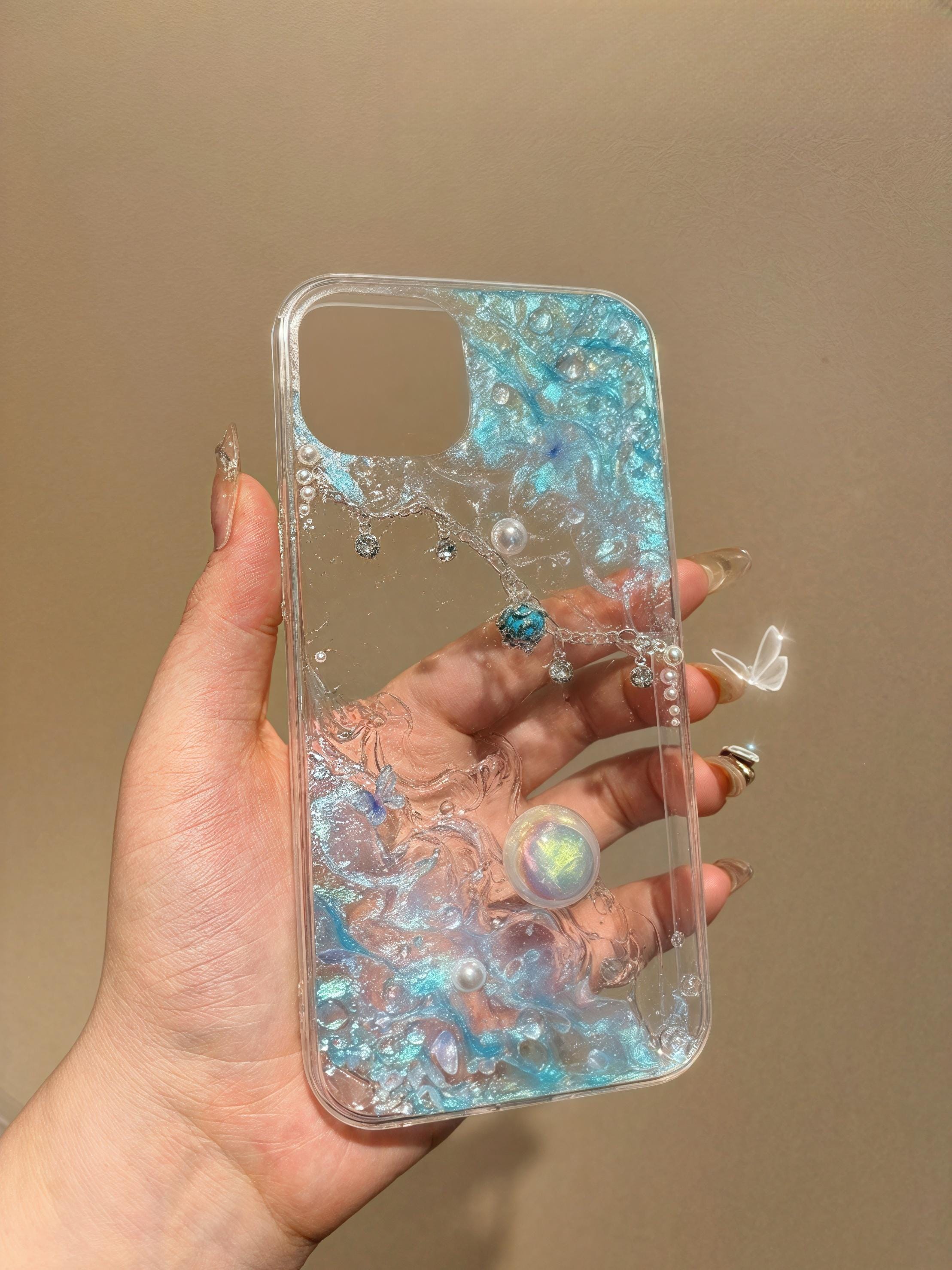 Handmade Resin Phone Case With Iridescent Glitter and Pearl Details ...