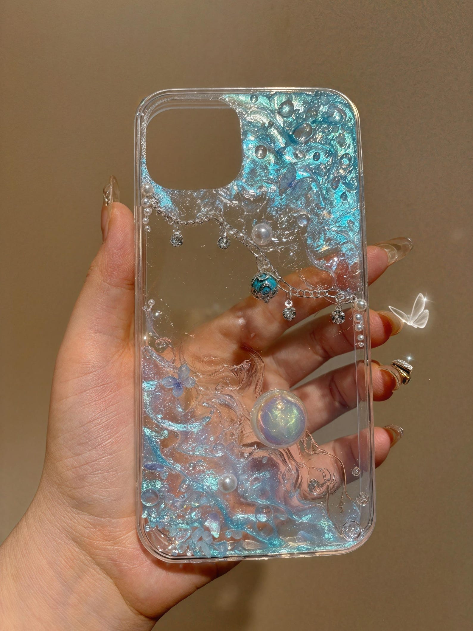 Handmade Resin Phone Case With Iridescent Glitter and Pearl Details ...