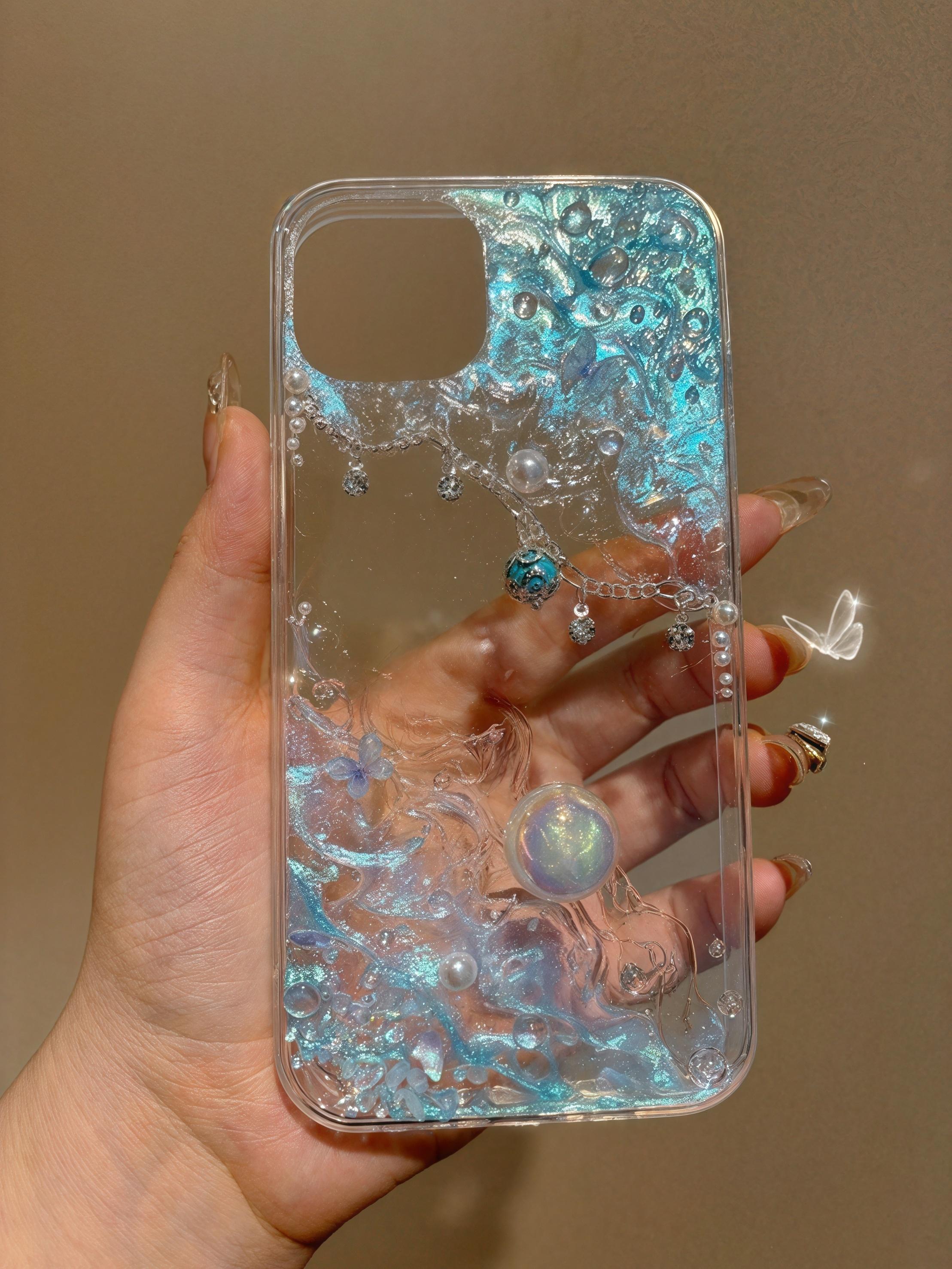 Handmade Resin Phone Case With Iridescent Glitter and Pearl Details ...
