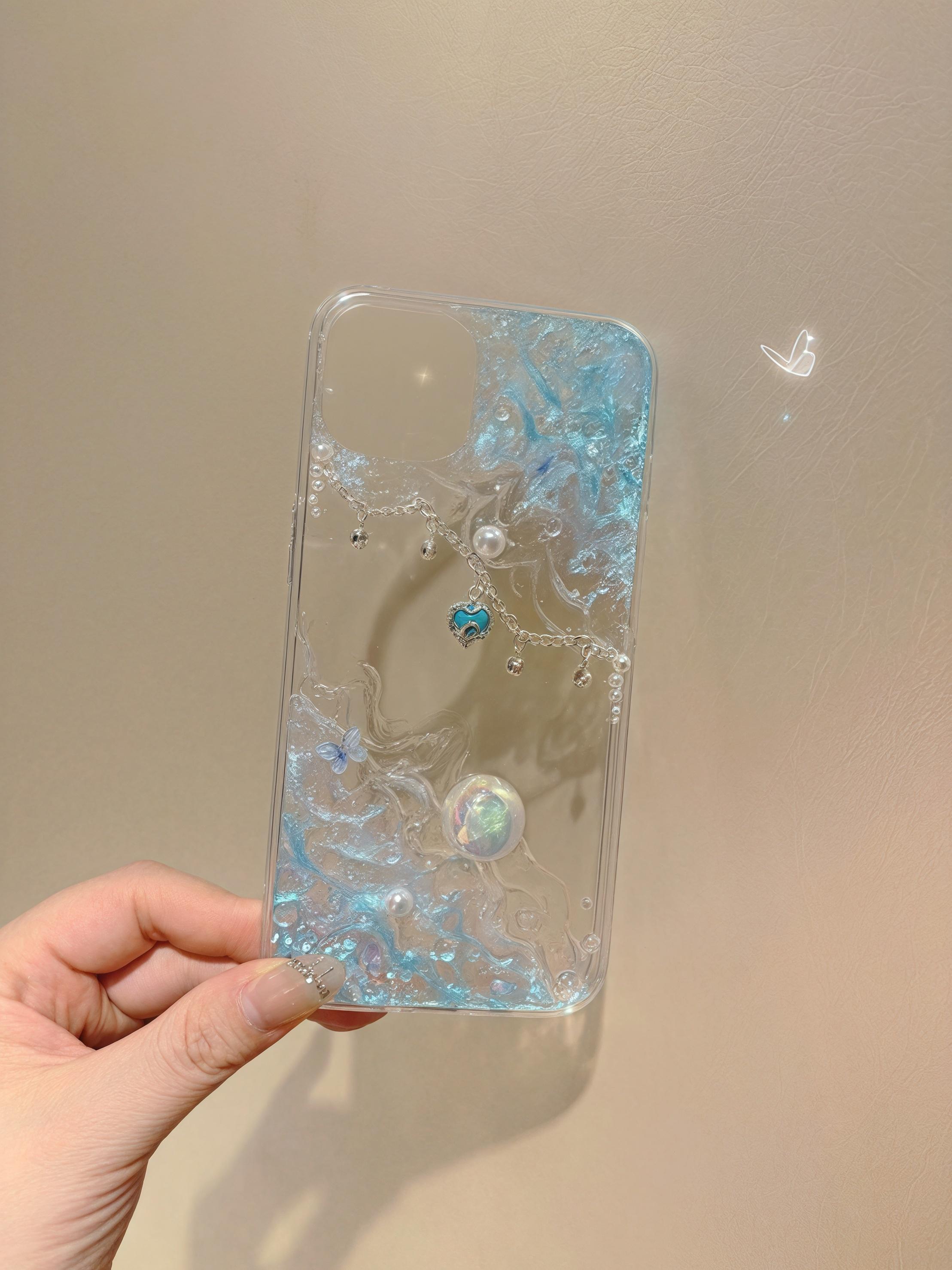 Handmade Resin Phone Case With Iridescent Glitter and Pearl Details ...