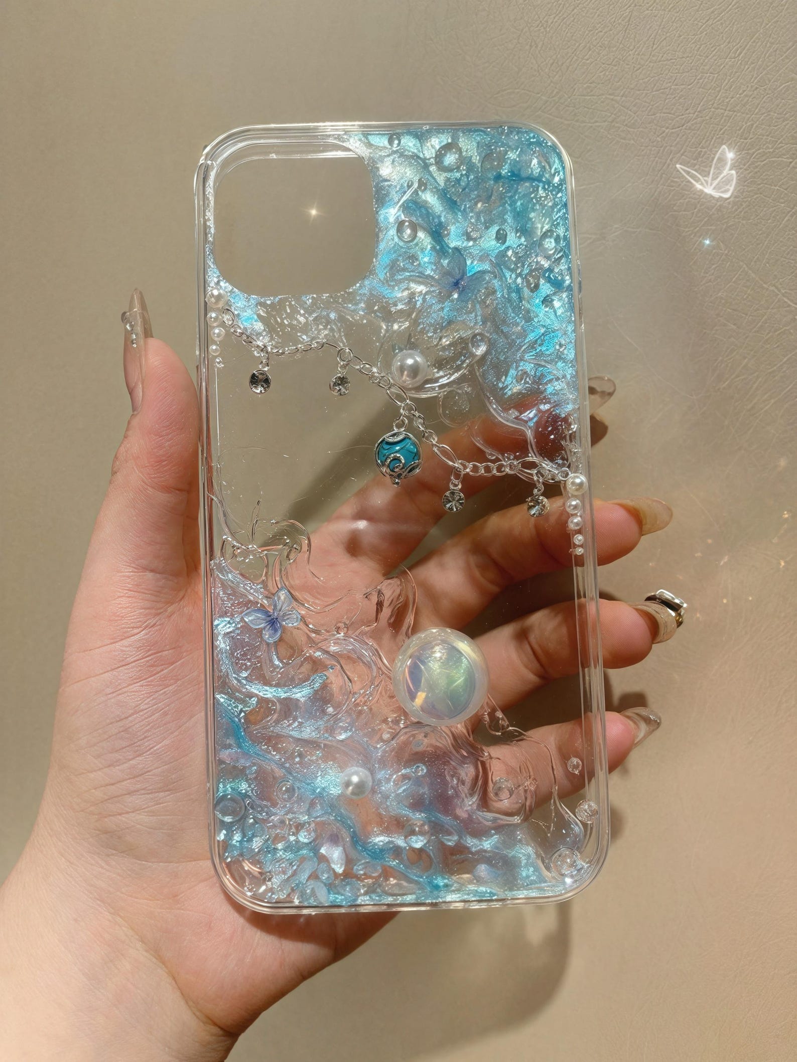 Handmade Resin Phone Case With Iridescent Glitter and Pearl Details ...
