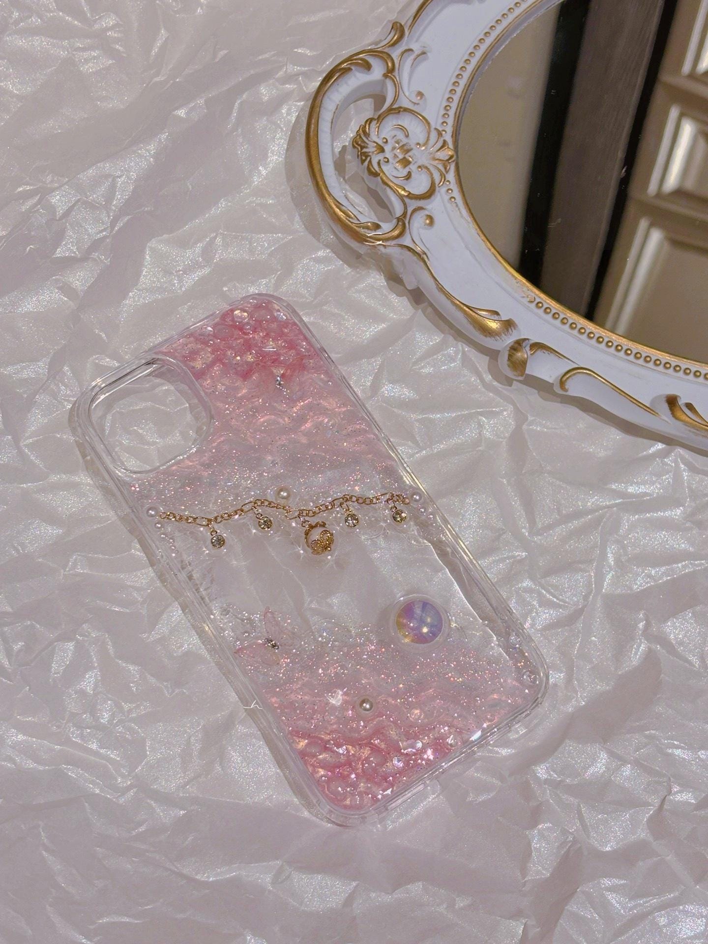 Handmade Resin Phone Case With Iridescent Glitter, Pearl Accents, and ...