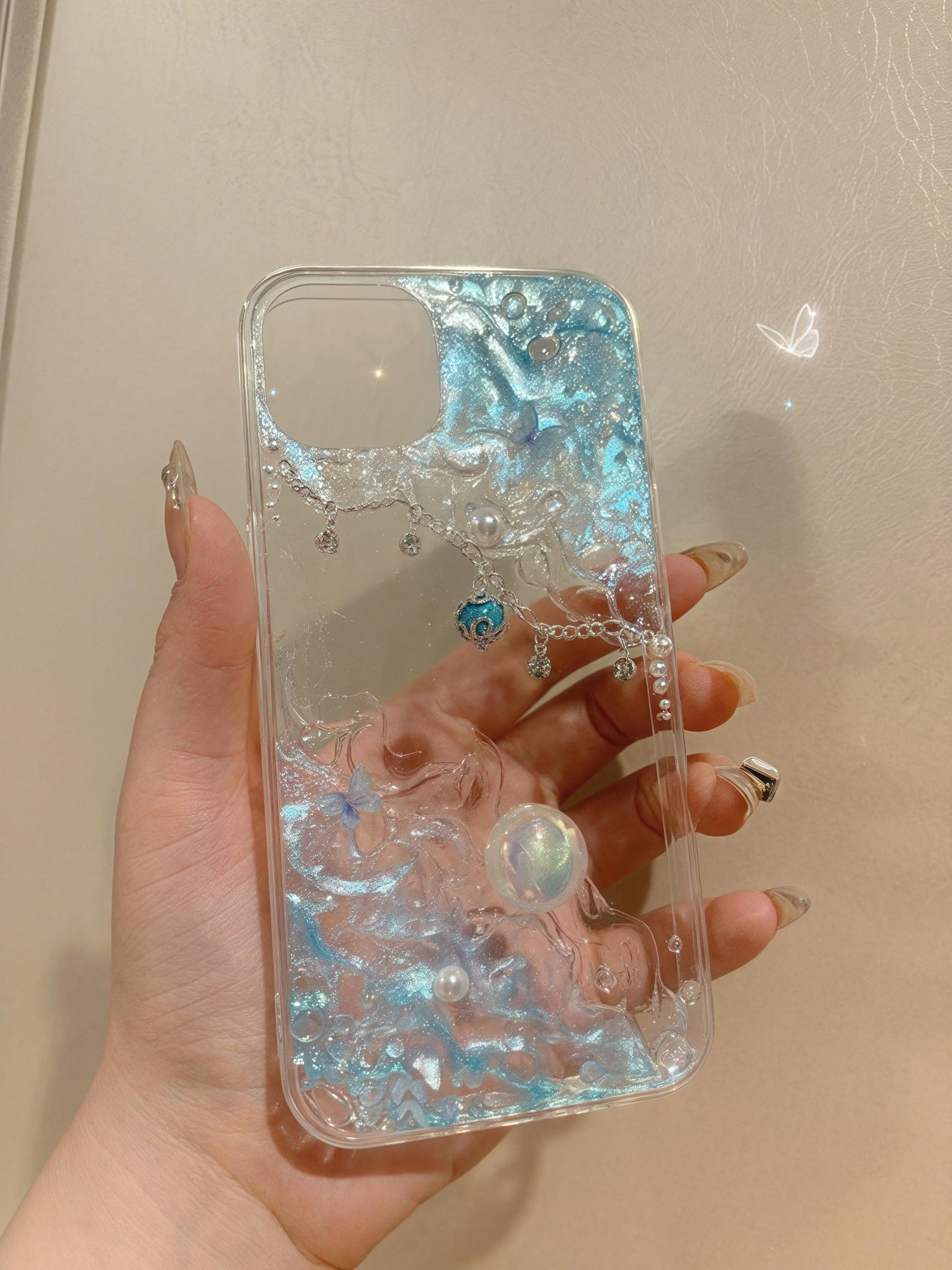 Handmade Resin Phone Case With Iridescent Glitter and Pearl Details ...