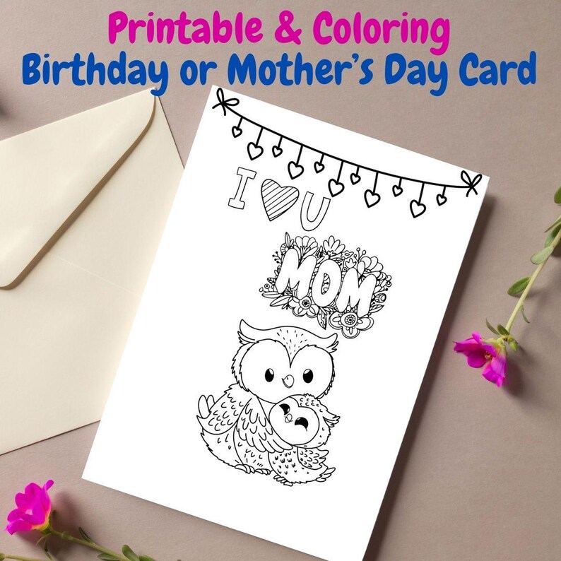 Printable Coloring Card for Mom, Cute Owl Mother’s Day or Birthday ...