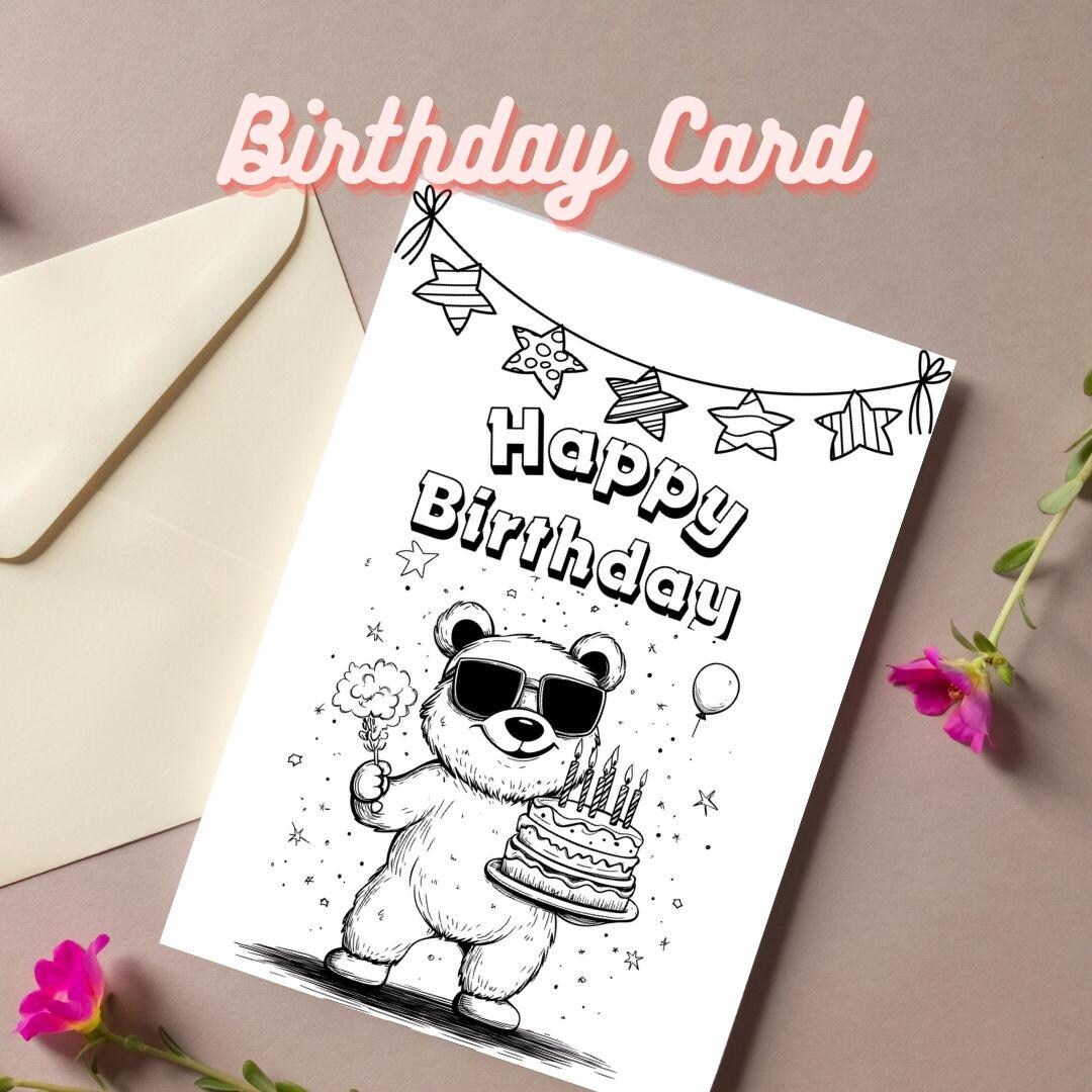 Printable Birthday Card to Color, Cute Bear Birthday Card, Digital ...
