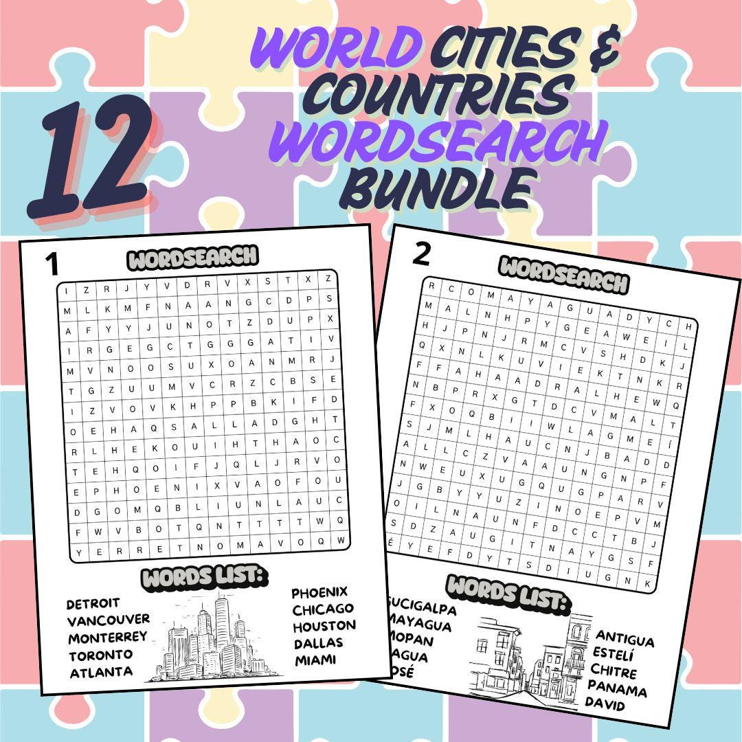 Printable World Cities & Countries Wordsearch Bundle, Geography Puzzles ...