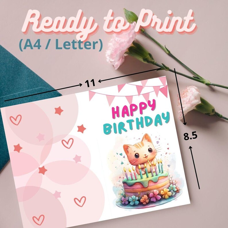 Cute Kawaii Printable Birthday Card for Girl, Instant Download Greeting ...