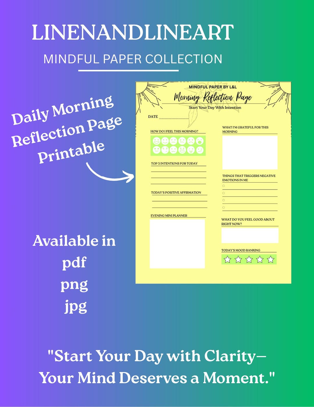 Morning Reflection Journal Page, Self Care, Daily Gratitude and Mood ...