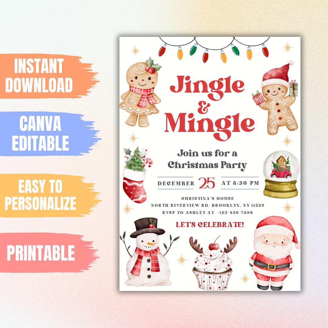 Editable Jingle Mingle Christmas Party Invitation, Gingerbread, Santa ...