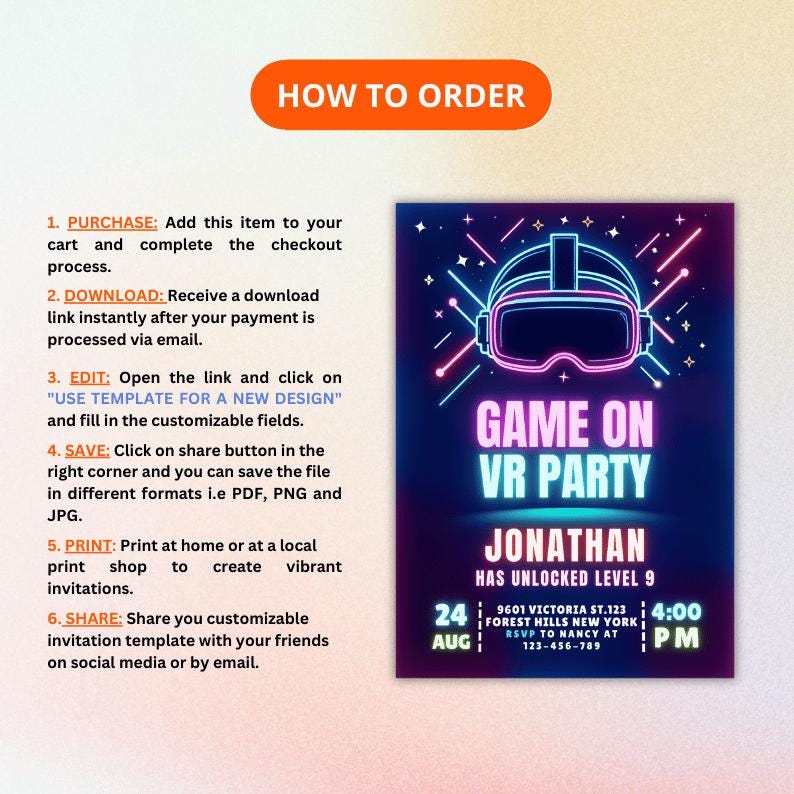 Virtual Reality Game Birthday Party Invitation Card Template, Digital ...