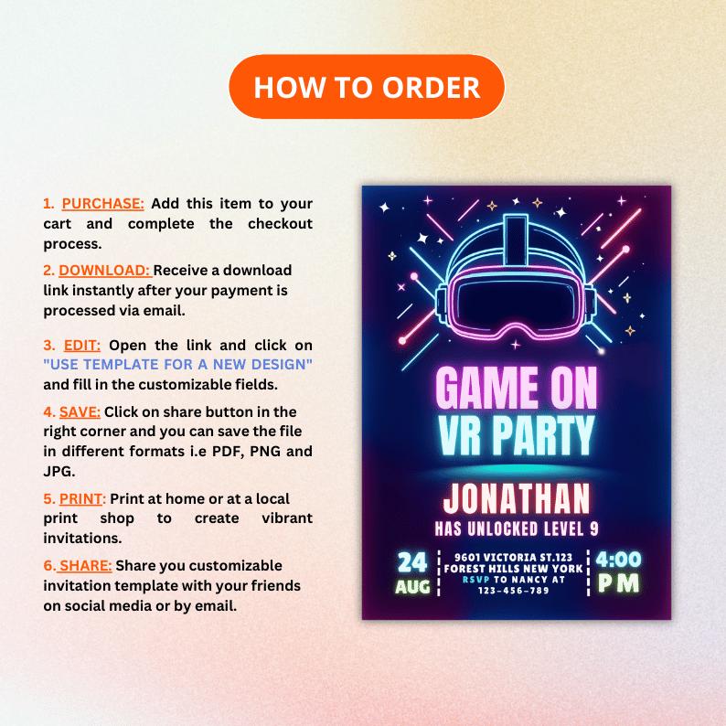 Virtual Reality Game Birthday Party Invitation Card Template, Digital ...