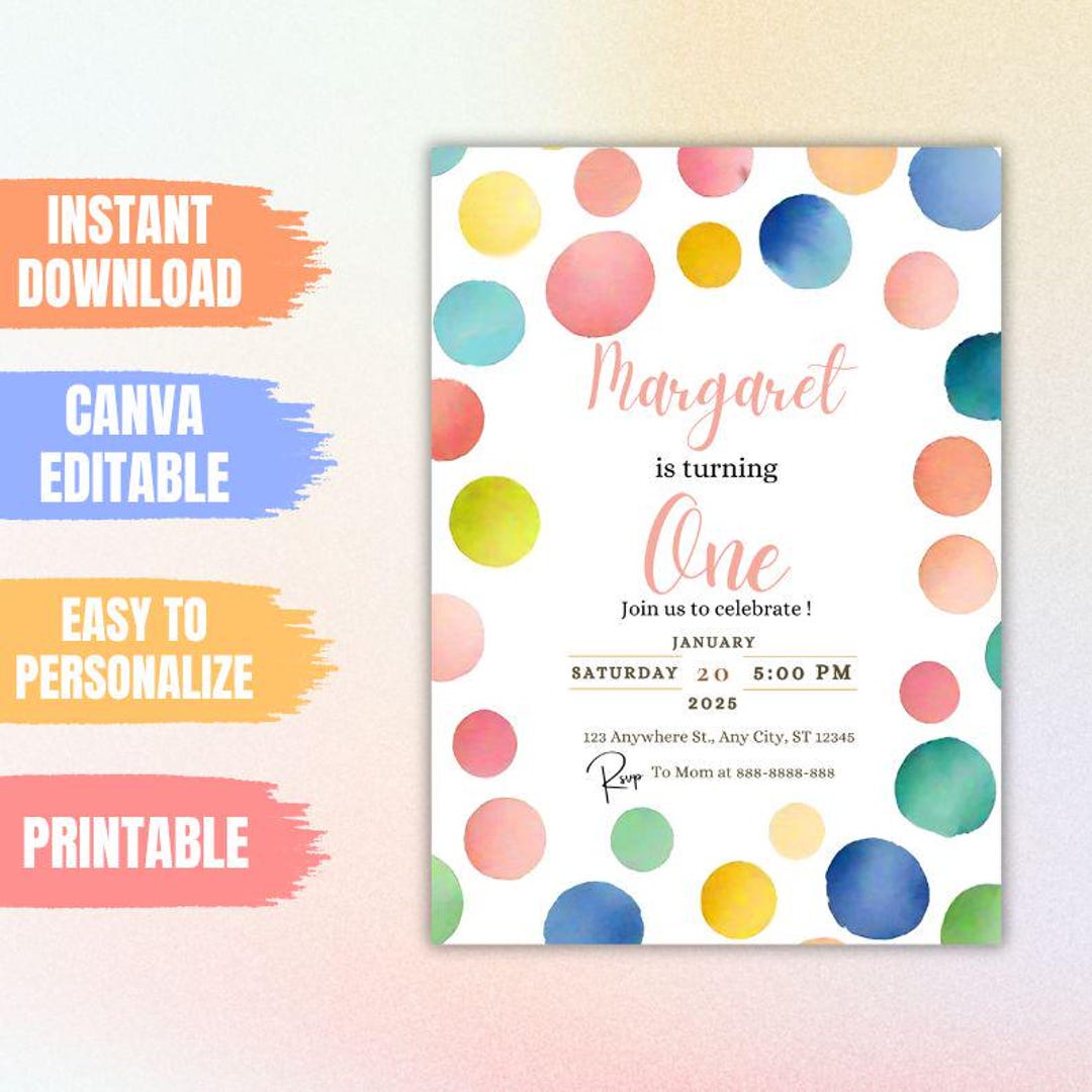 Editable Rainbow Polka Dot Birthday Invitation Watercolor Spots ...
