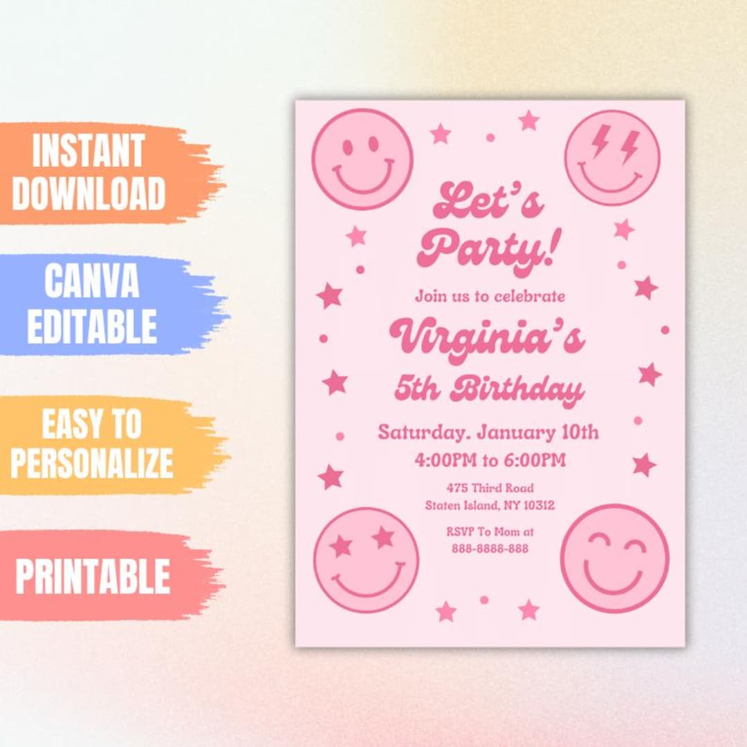 Editable Smiley Faces Printable Invitation Template, Kids Party ...