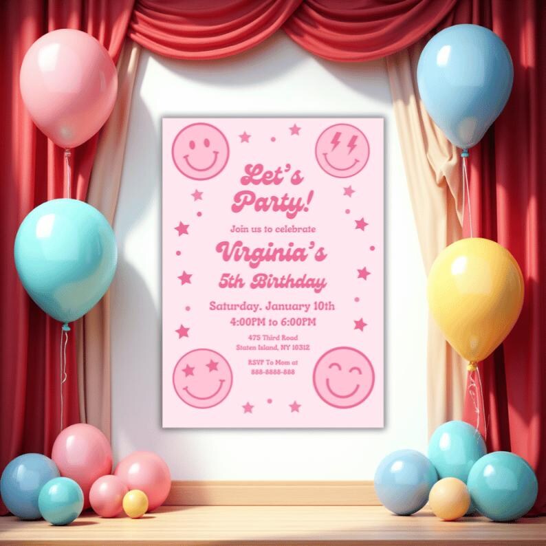 Smiley Face Birthday Invitation Template: Editable Kids Party Invite ...