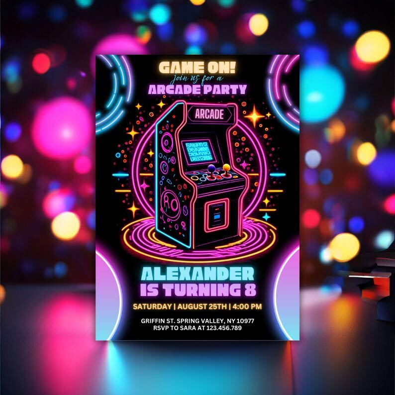 Editable Arcade Birthday Party Invitation Template Neon Boys Arcade ...