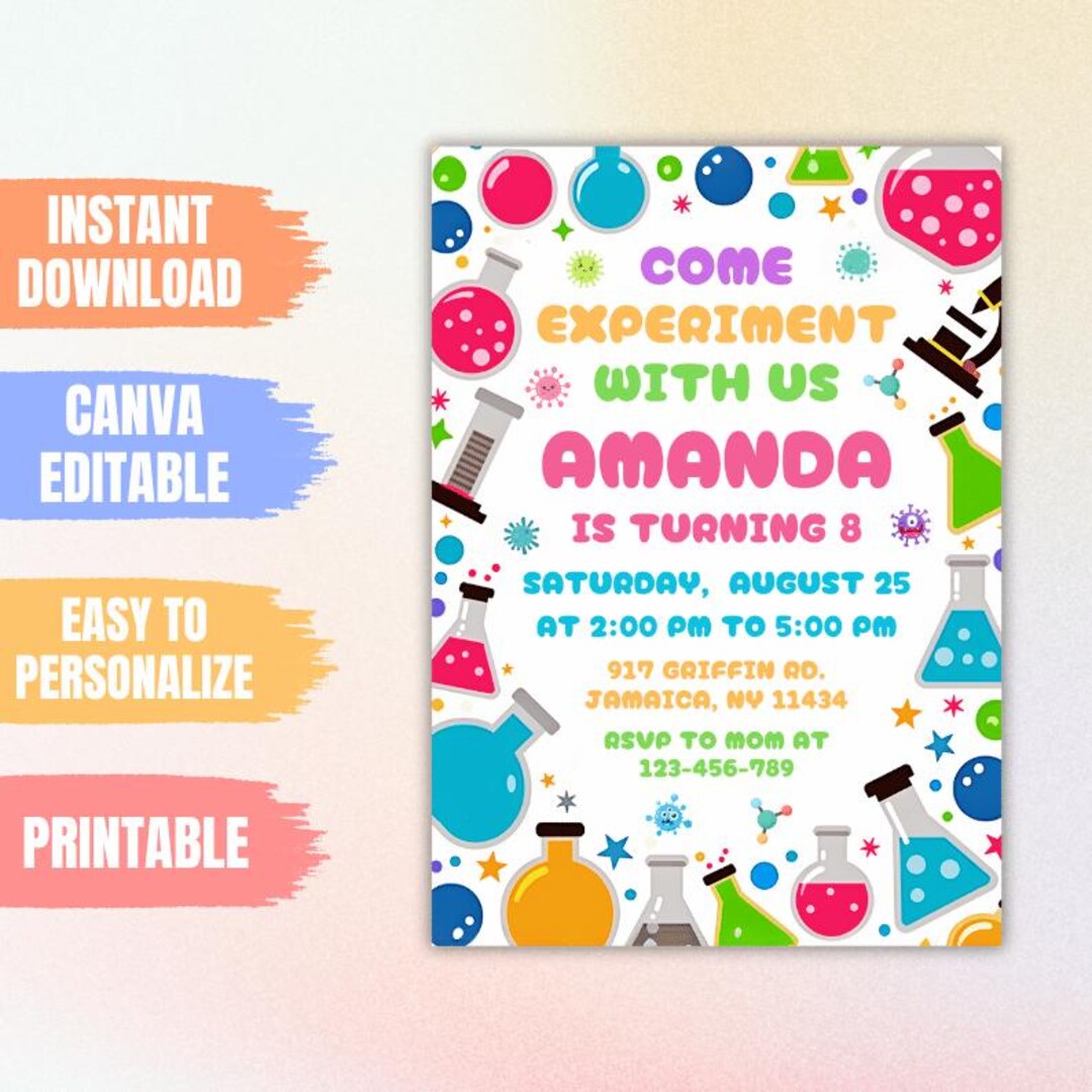 Mad Science Birthday Invitation: Experiment Party, Canva Editable ...