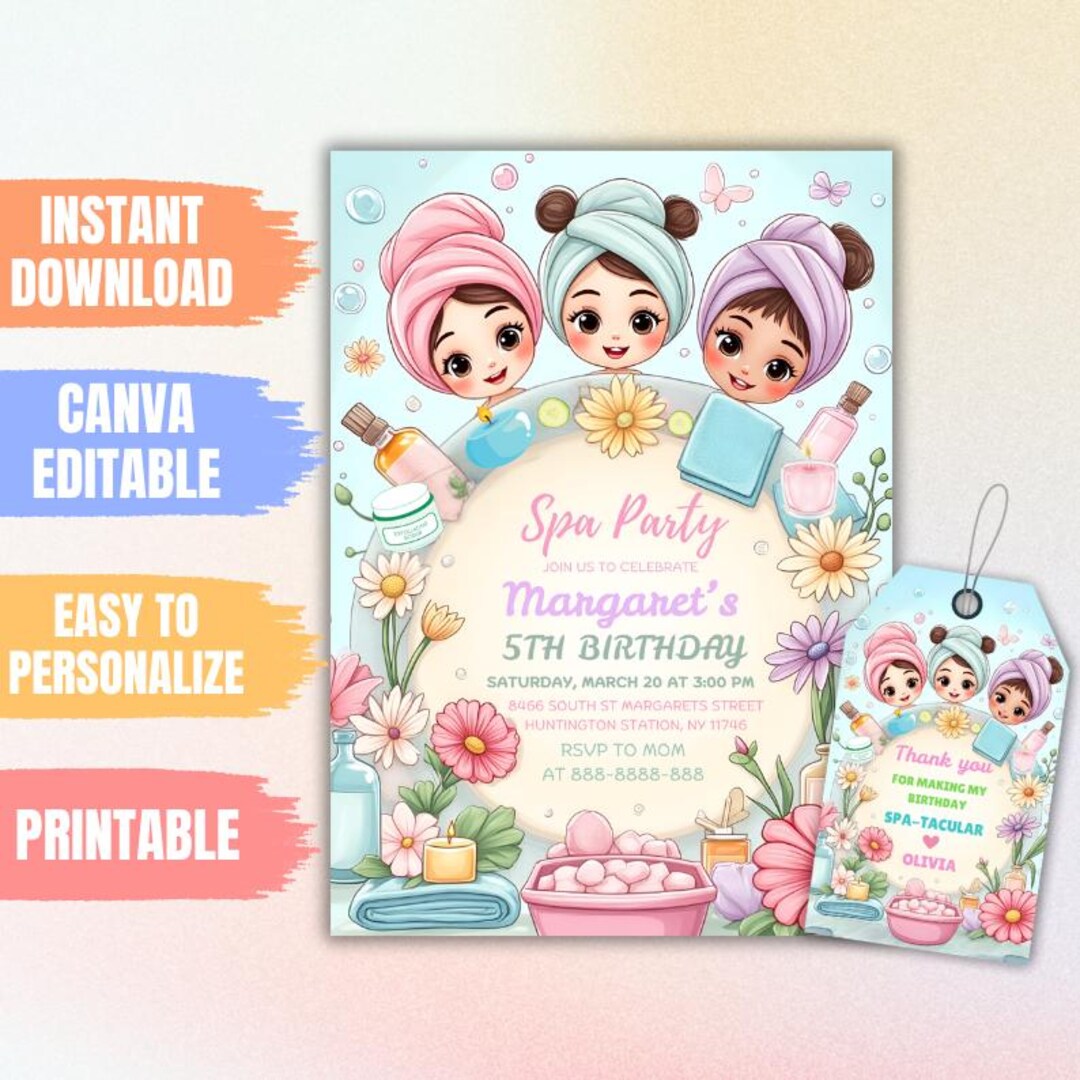 Editable Spa Party Birthday Invitation, Pamper Party Birthday Invite ...
