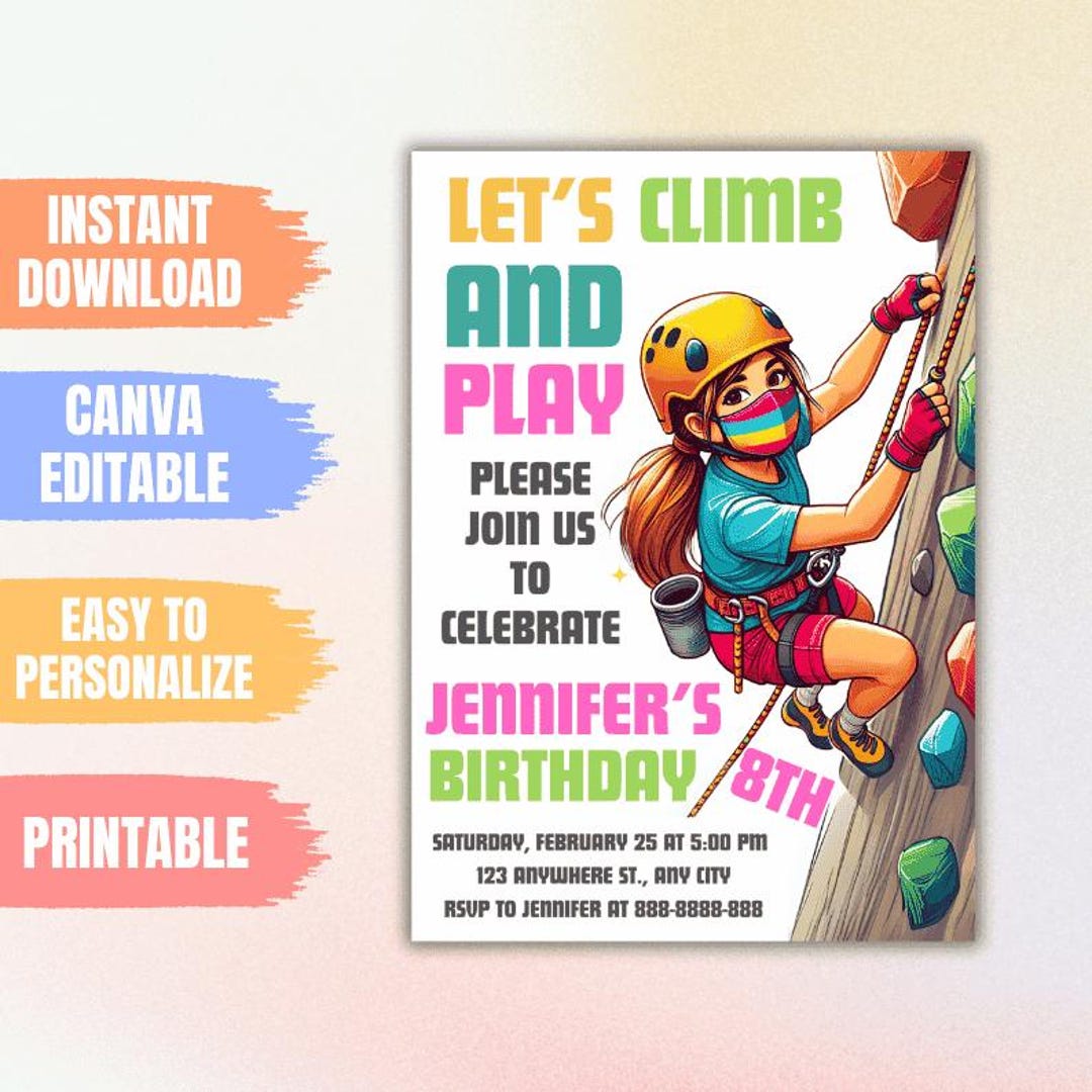 Editable Girls Rock Climb Invitation, Rock Climbing Birthday Invite ...